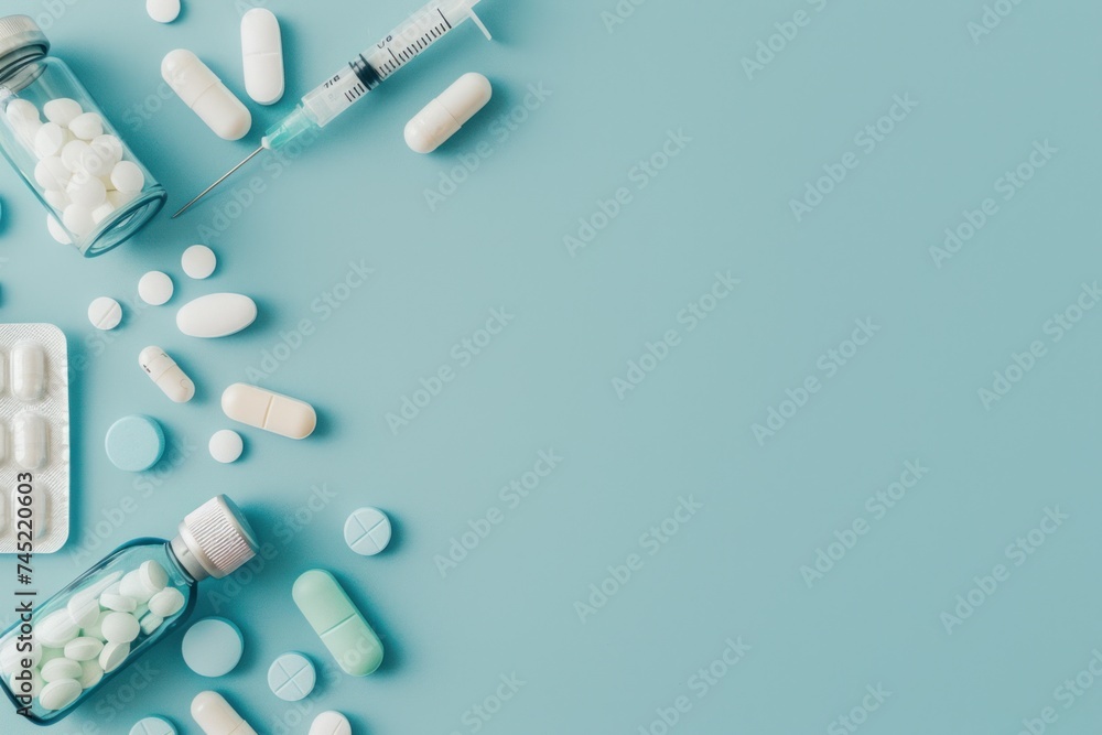 Organized layout of various medication forms and a syringe on a clean ...