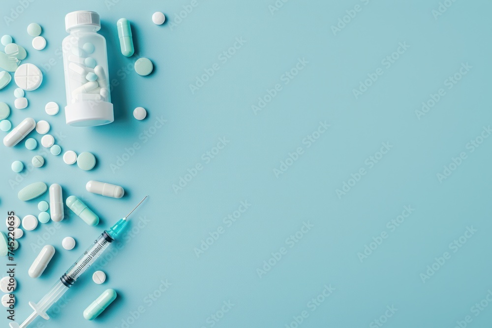 Organized layout of various medication forms and a syringe on a clean ...