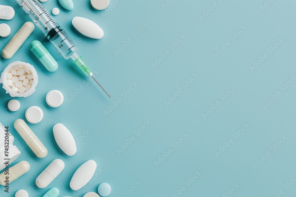 Organized layout of various medication forms and a syringe on a clean ...