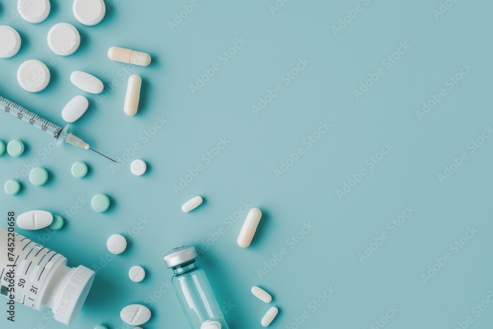 Organized layout of various medication forms and a syringe on a clean ...