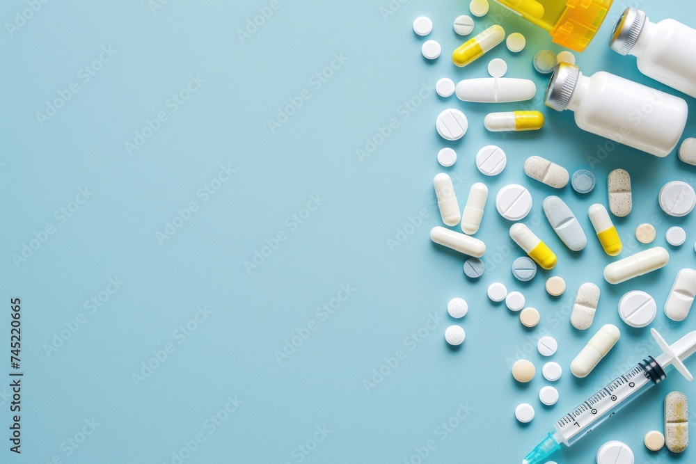 Organized layout of various medication forms and a syringe on a clean ...