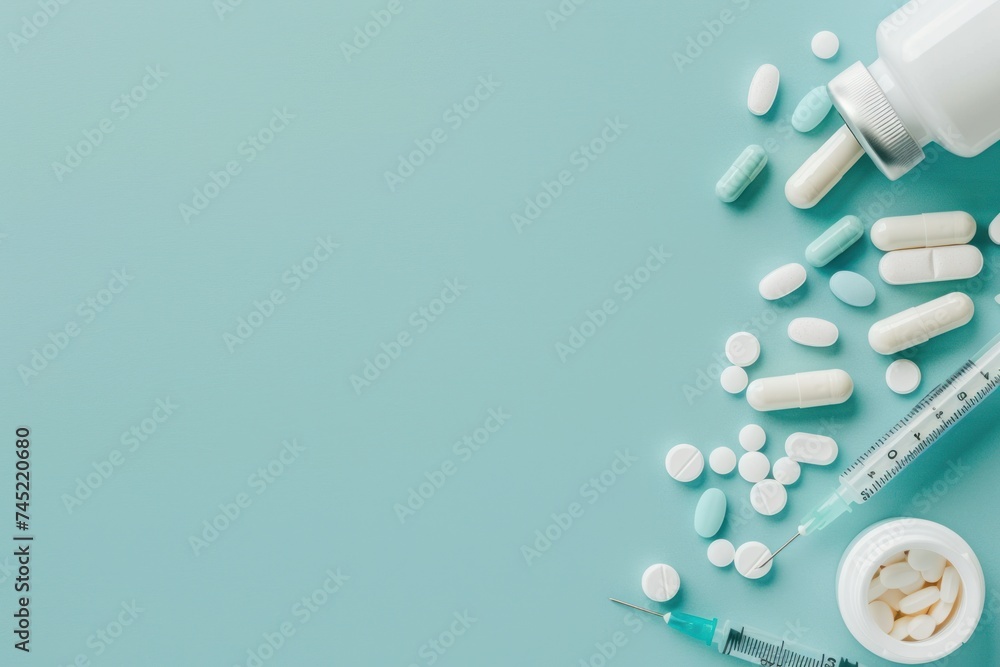 Organized layout of various medication forms and a syringe on a clean ...