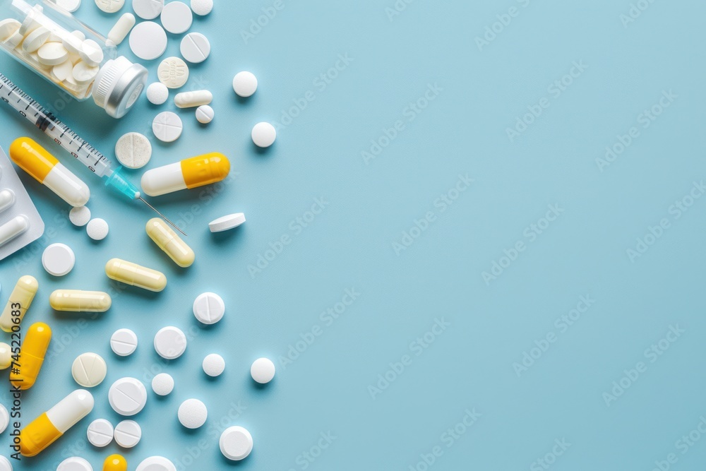 Organized layout of various medication forms and a syringe on a clean ...