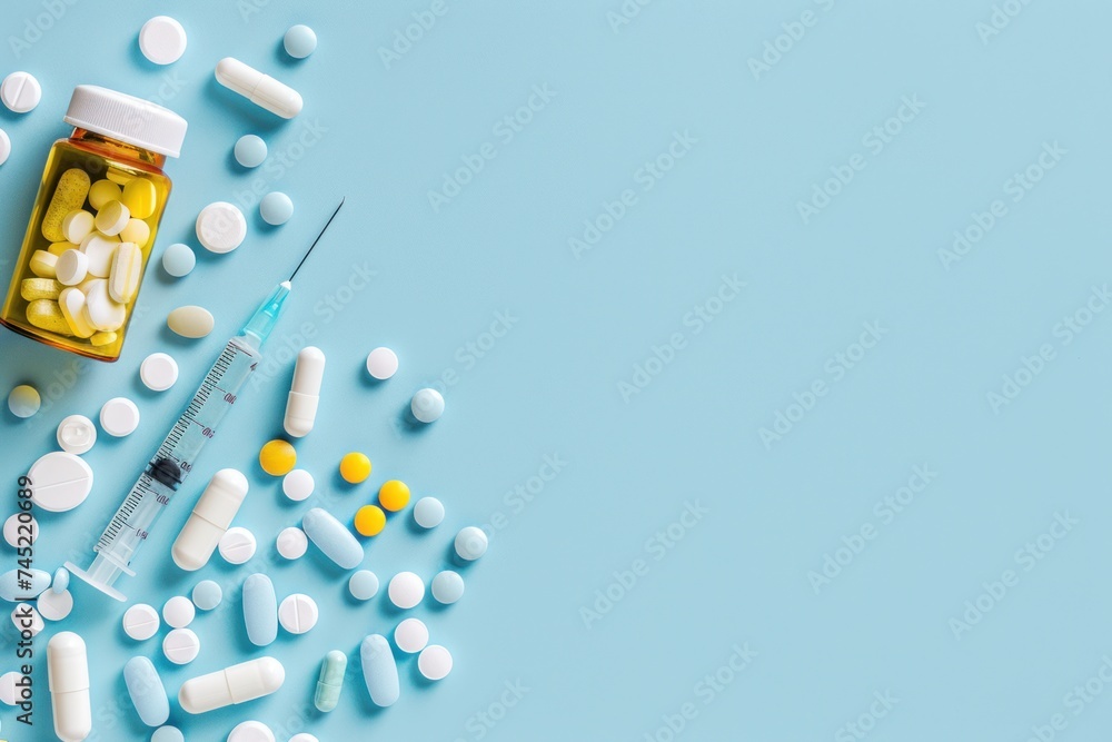 Organized layout of various medication forms and a syringe on a clean ...