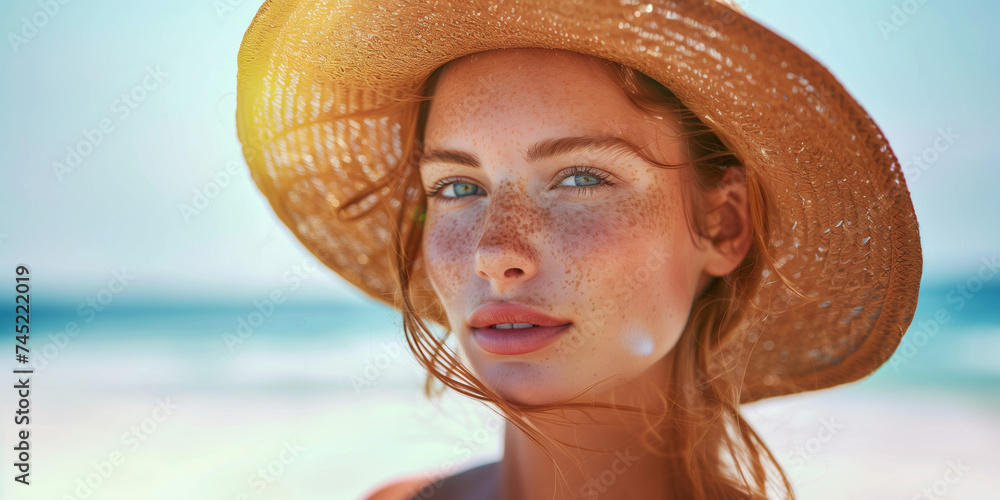 close portrait of sun damaged skin of a young woman face with hazel ...