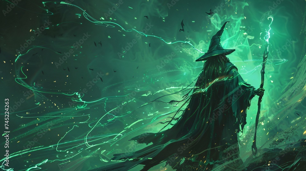 Wise wizard with a glowing scepter digital art style elements bending ...