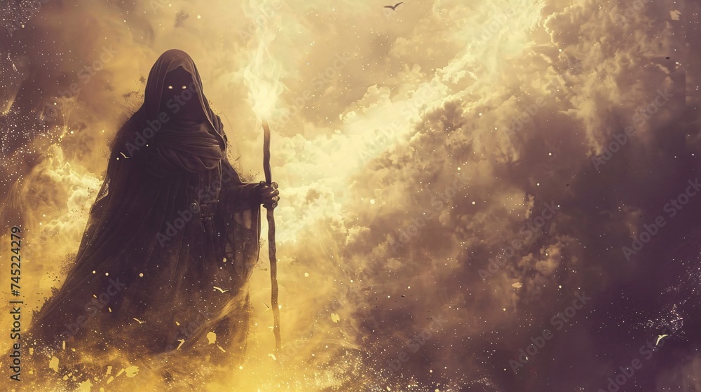 Wizard in a cloak scepter in hand digital art style summoning arcane ...