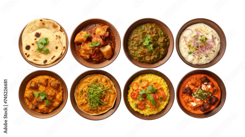 Indian traditional food set, top view. pizza, hummus, biryani, chicken ...