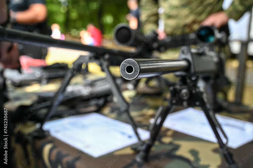 Sniper rifle. Optics on a military semi-automatic sniper rifle. Rifle ...