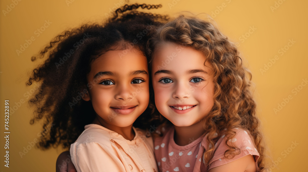2 girls, different skin colors A confident many child posing against a ...