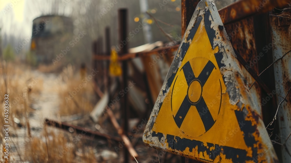 Generative AI Close-up of radioactive warning signs at Chernobyl ...