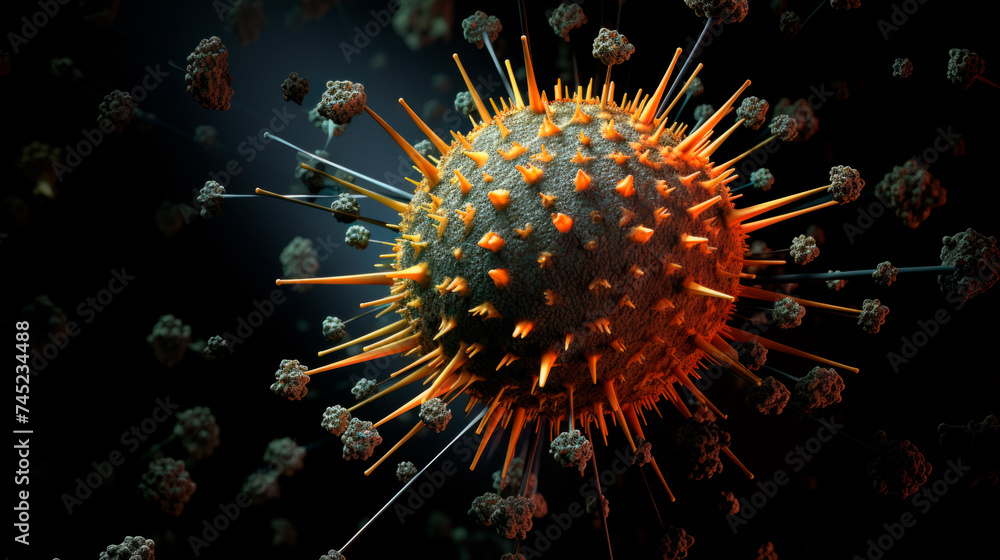 A highly magnified 3D render captures a virus with orange spikes on a ...