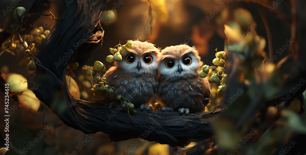 owl in the woods, Enchanting Owl Family Nesting in Tree Hollow Create a ...