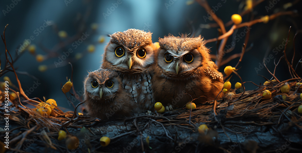 great horned owl in autumn, Enchanting Owl Family Nesting in Tree ...