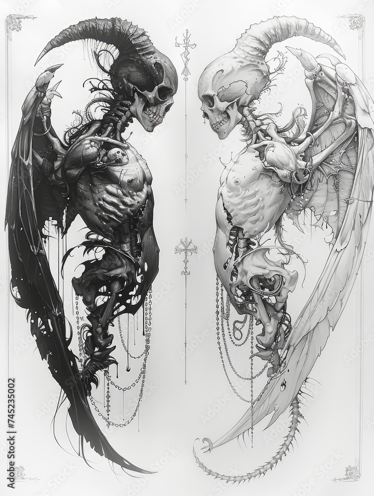 realistic tattoo sketch, clear outline Image divided into two parts; in ...