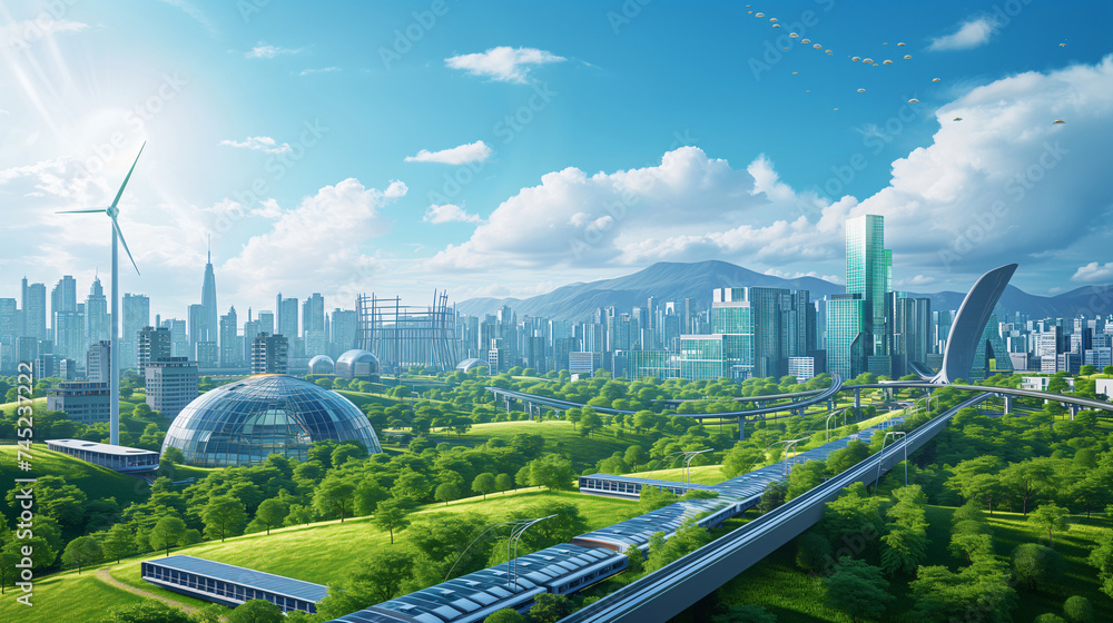 Sustainable smart city. Green park nestled amidst skyscrapers. Eco ...