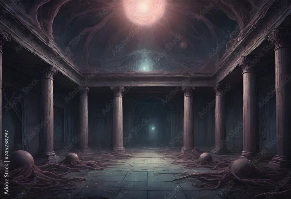 An ancient hall, enshrouded in shadows and roots, encircles a glowing ...