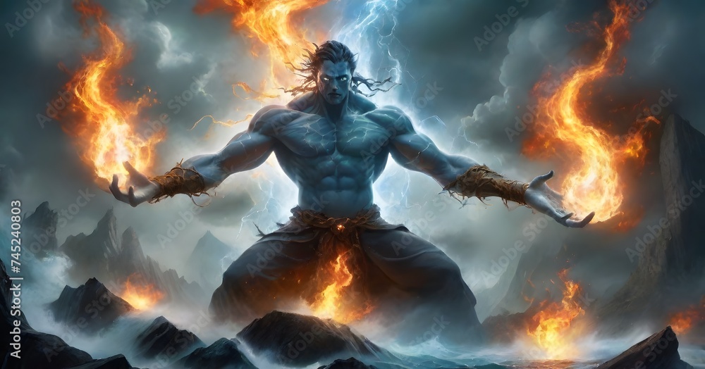 An imposing mythological figure channels the raw power of lightning ...
