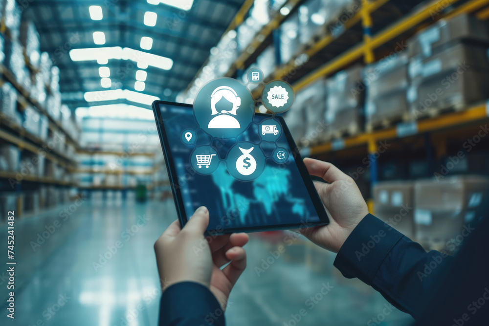 Hand holding a device displaying logistics floating icons, shipment ...