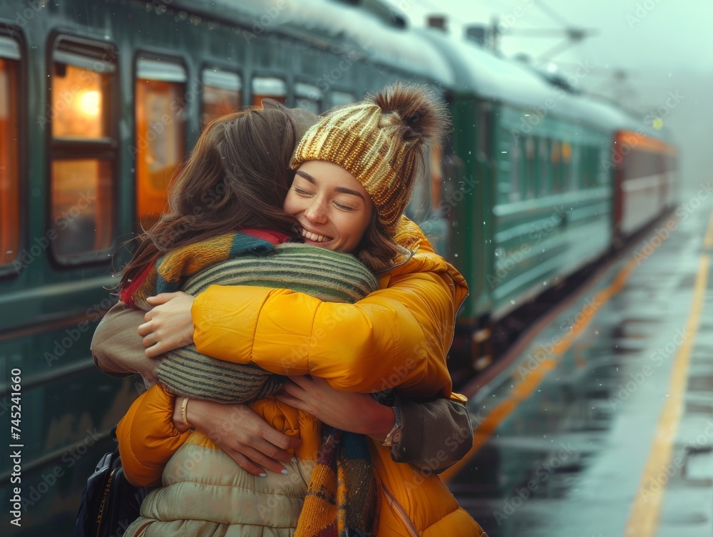 Embrace of Farewell: Two Women Hugging Goodbye at a Train Station ...