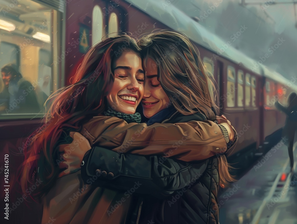 Embrace of Farewell: Two Women Hugging Goodbye at a Train Station ...