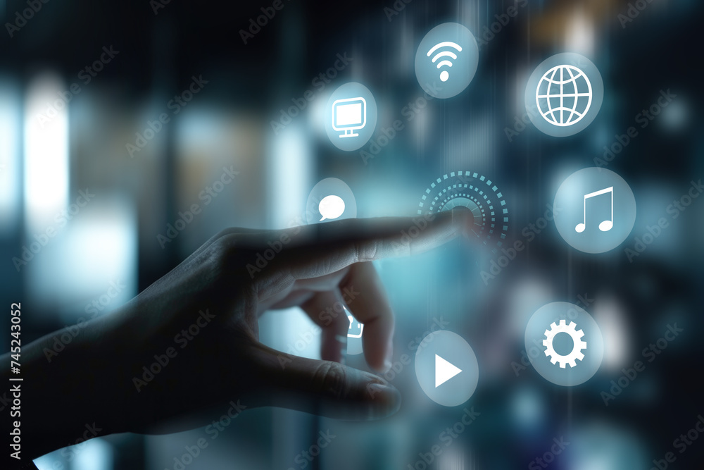 Person's hand on a device with AI floating minimal icons and graphs ...