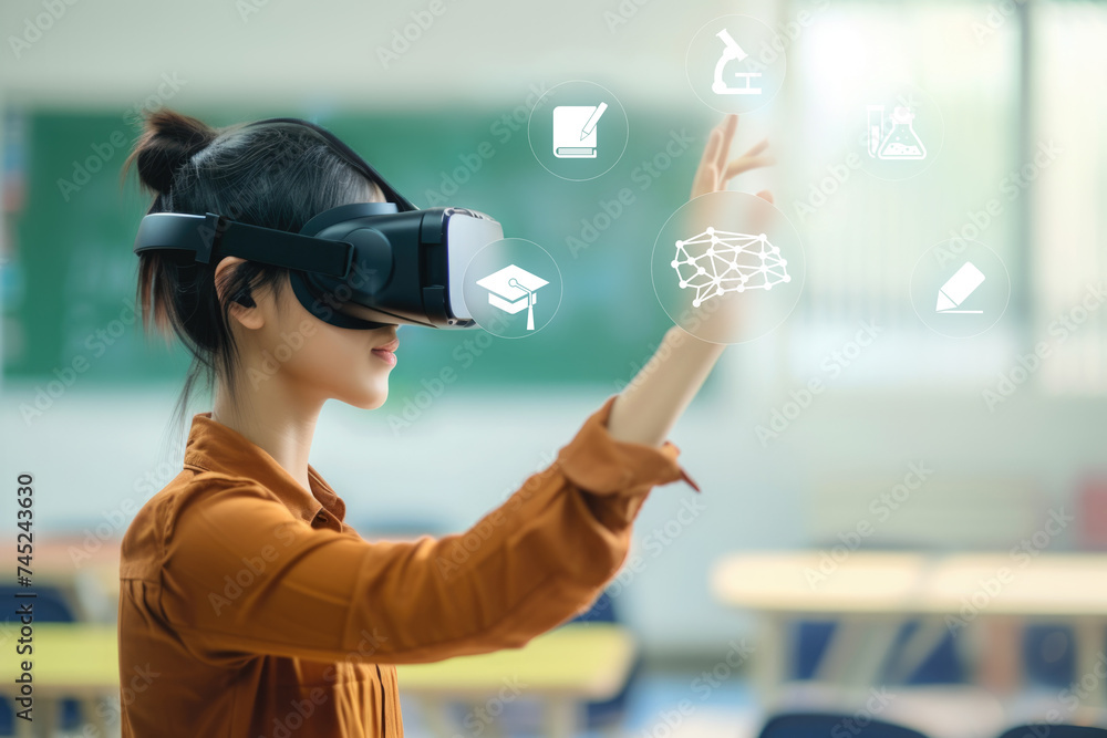 Woman with a device displaying a virtual reality education app, with ...
