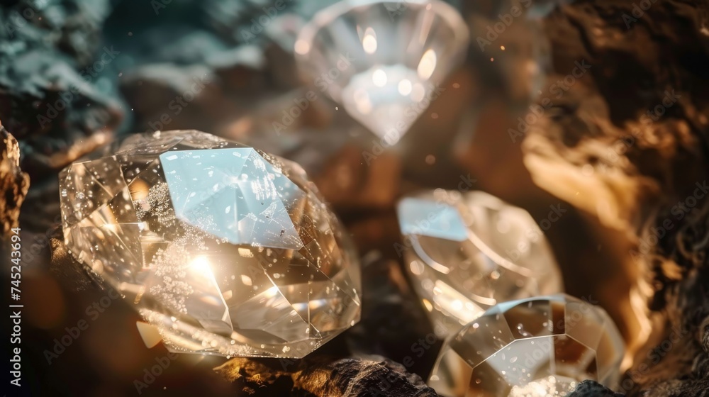 Deep within the earth, a sparkling diamond mine, illuminated veins of ...