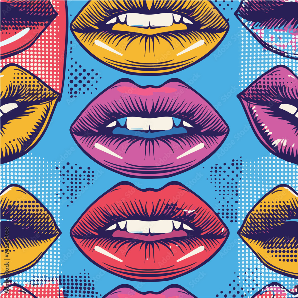Cartoon vector abstract lips background texture, bold colo pop art ...