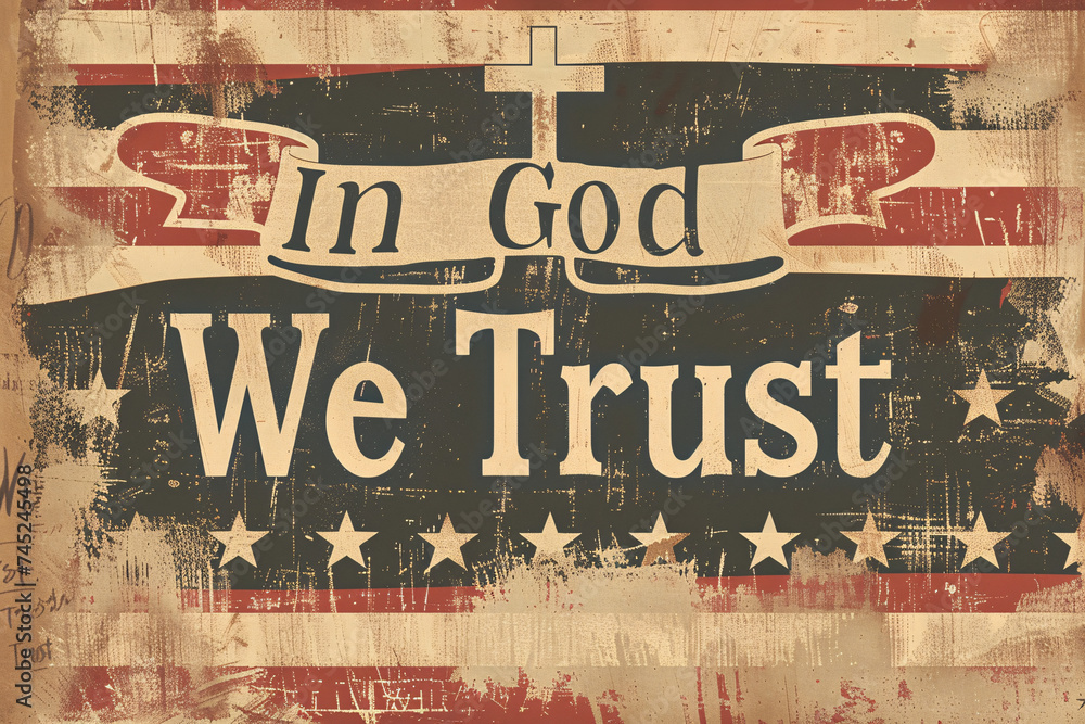 Retro American flag and cross design with "In God We Trust" motto Stock ...