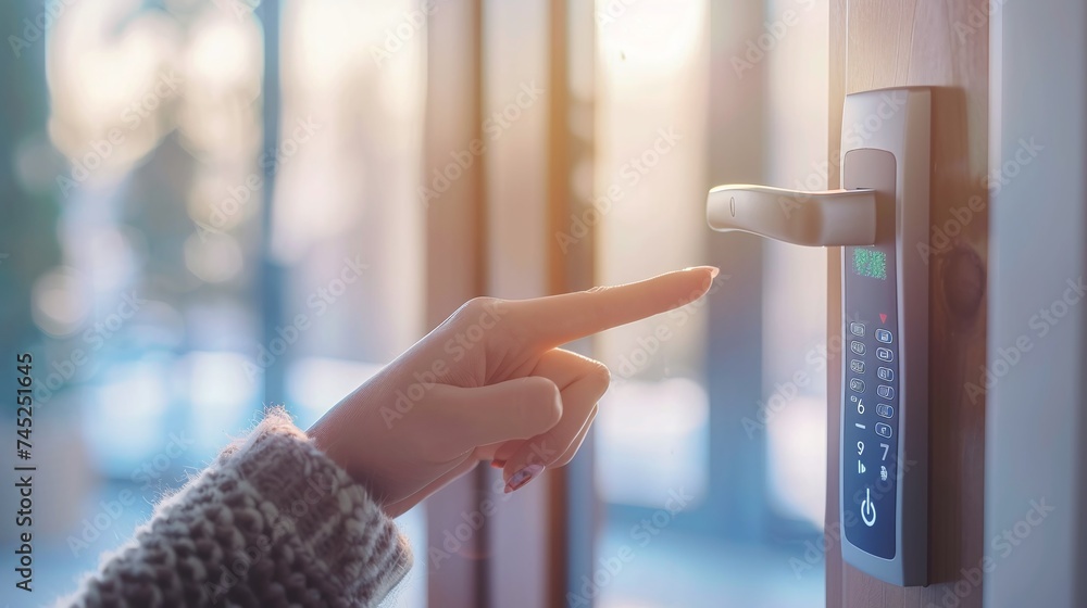 modern smart device concept: woman inputting password on digital touch ...