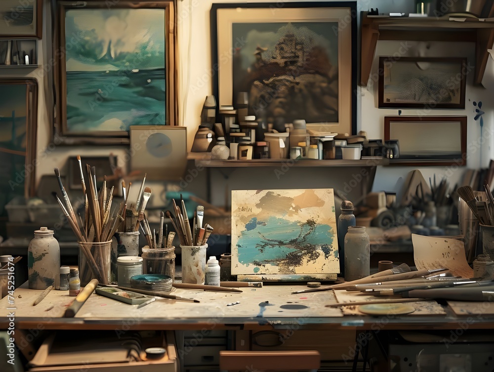 An artist's studio bathed in natural light, with oil paintings in ...