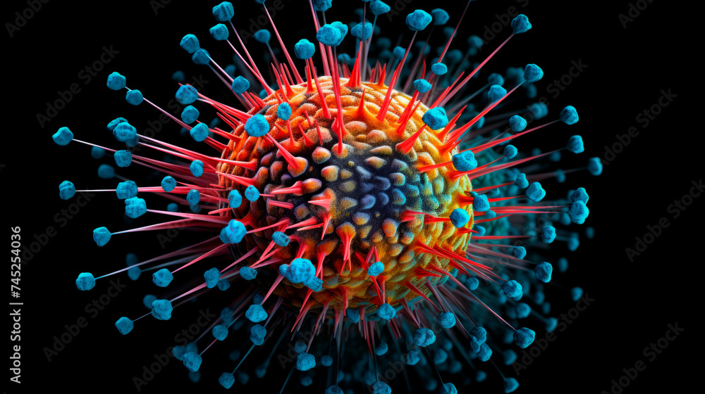 A 3D illustration showcases a virus with red and blue spike proteins ...