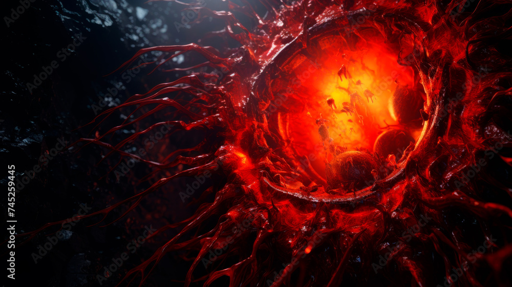 Glowing, fiery sphere encased in dark tendrils, evoking a star amidst ...