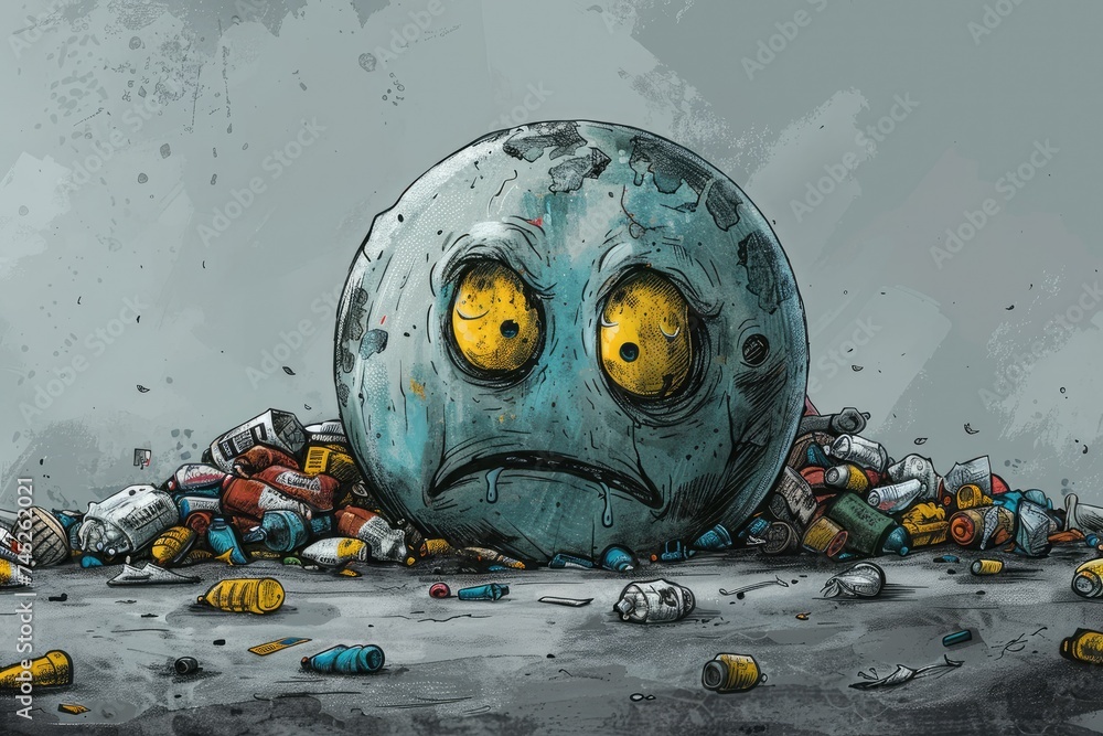 concept caricature of planet earth in dirt and garbage, environmental ...