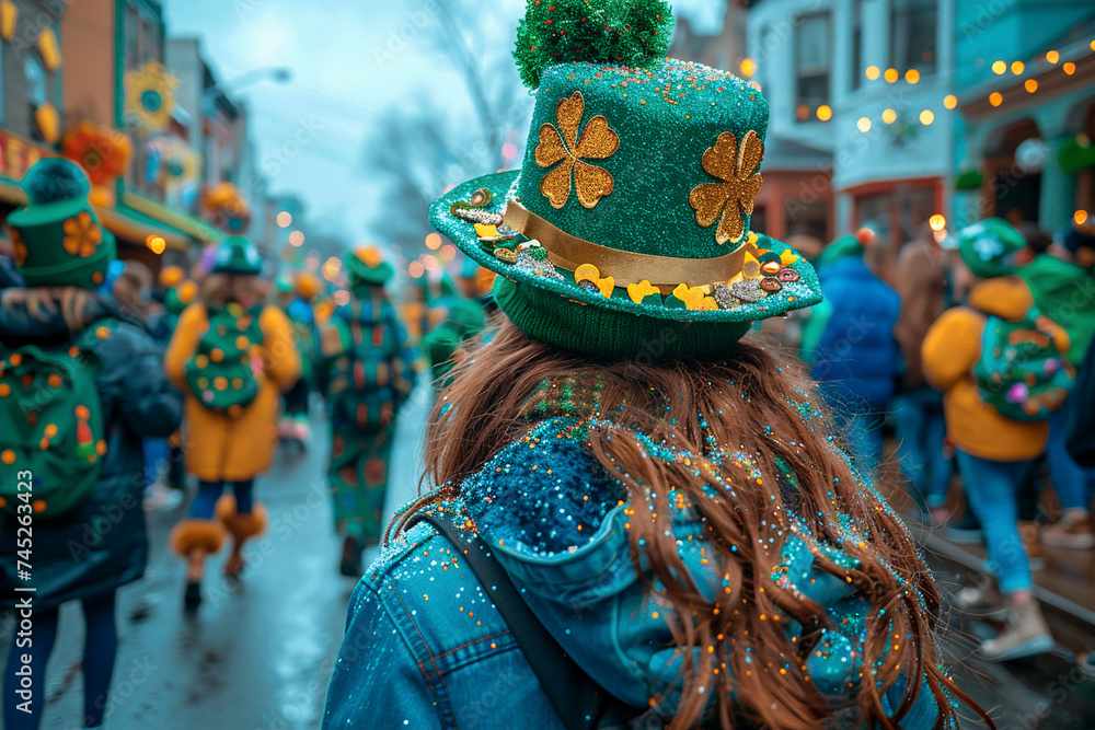 St. Patrick's Day parade marching down a bustling city street, with ...