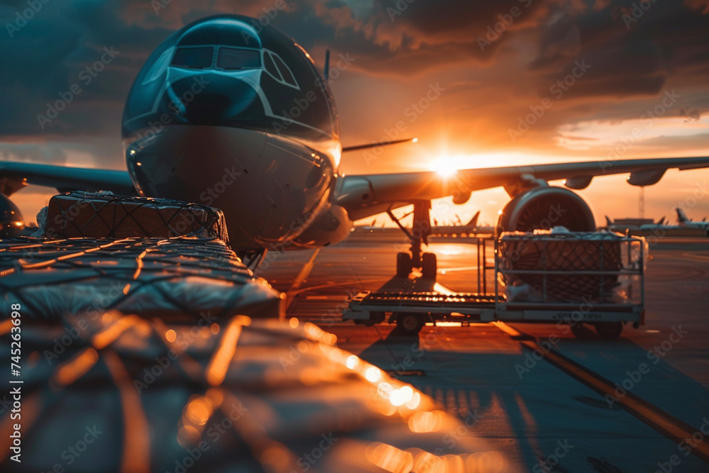 Against the backdrop of a bustling airport, a cargo plane awaits ...