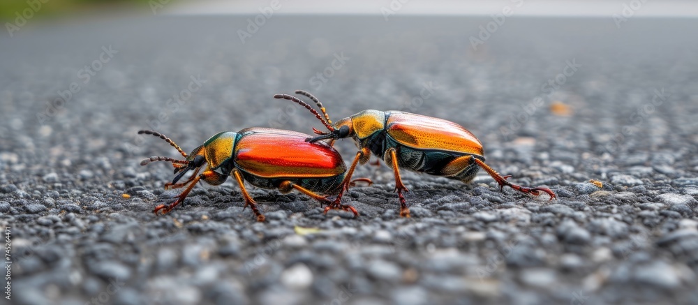Two orange bugs, one dead and one alive, are seen sitting on the side ...