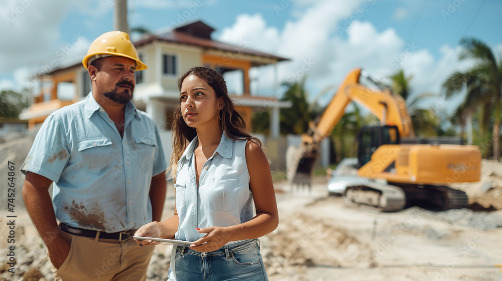 Hispanic Female Inspector Talking to Caucasian Male Land Development ...