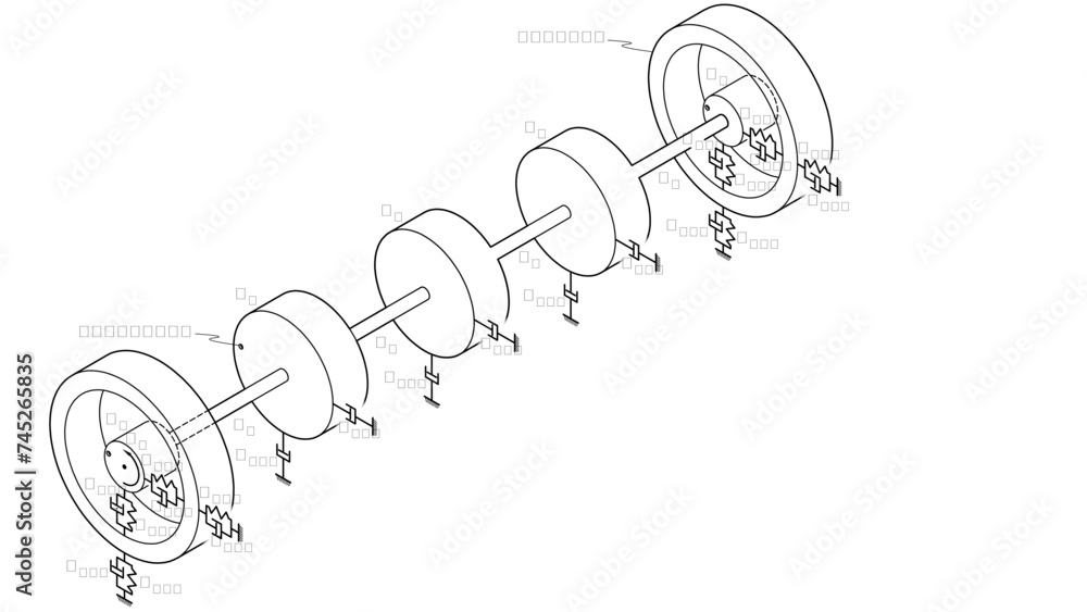 A line drawing showing a dynamical rotor system with 3 main masses ...