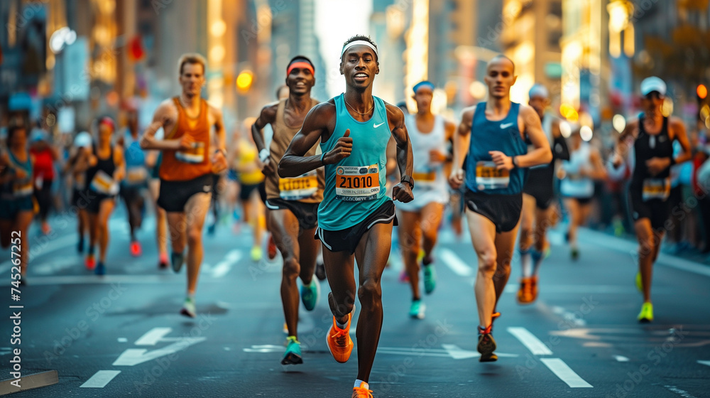 Diverse Group of People Competing in a Marathon Race in the City ...