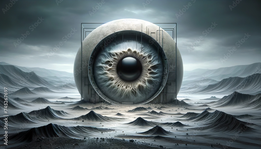 Surreal landscape with a colossal structure resembling a human eye set ...