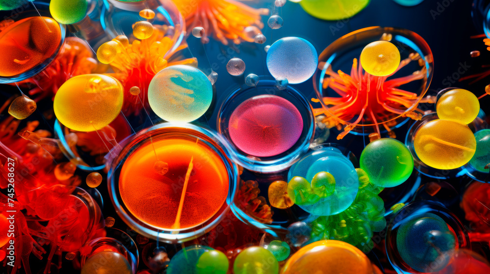 Radiant interconnected cellular forms, with a vivid color fusion ...