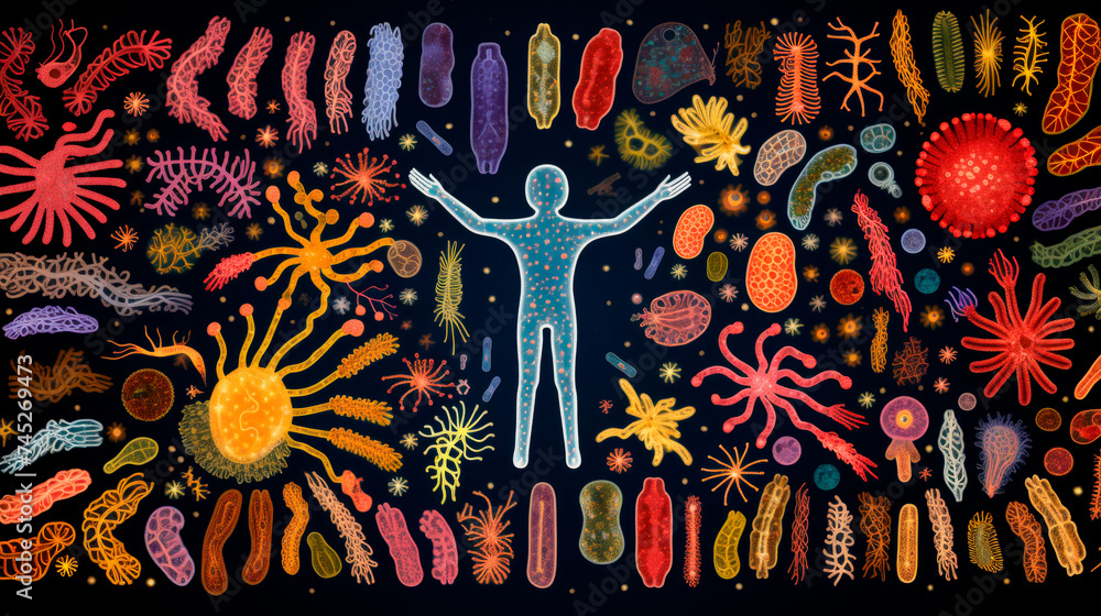 A human silhouette stands amid a vibrant array of microbes ...