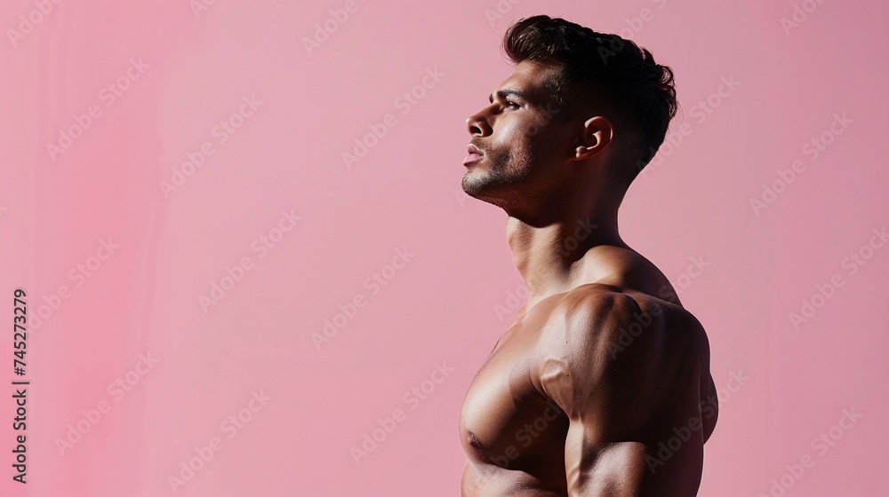 profile of a fit male model's shirtless upper body demonstrating ...