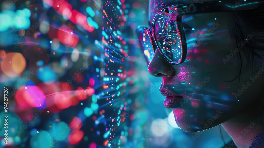 Programmer or IT Person in Glasses and on a 3D Screen Thinking about ...