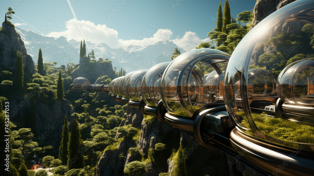 Futuristic city, public transport of future, metro train, green ...