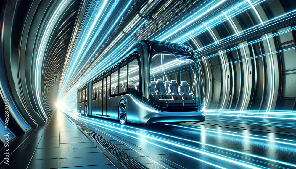 Futuristic autonomous bus moving at high speed through a streamlined ...