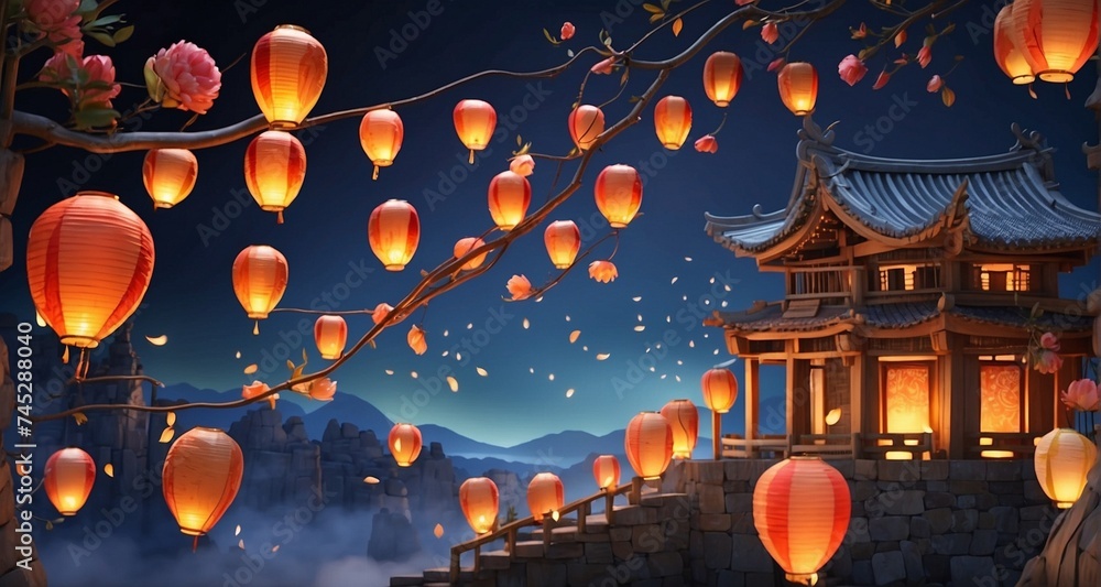 Craft an animated sequence illustrating the ascent of lanterns into the ...