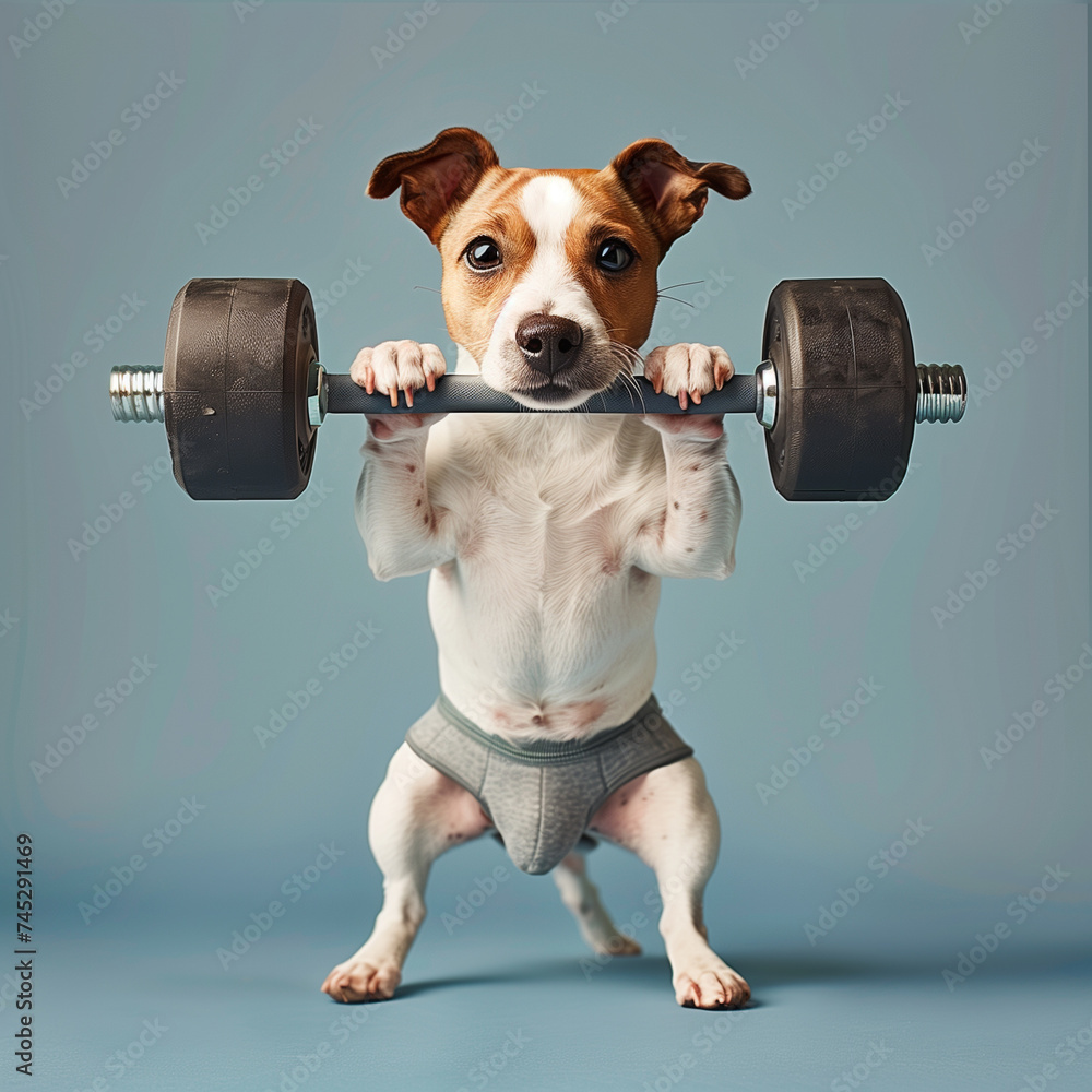 strong dog in red shorts doing sport exercise with dumbbell on grey ...